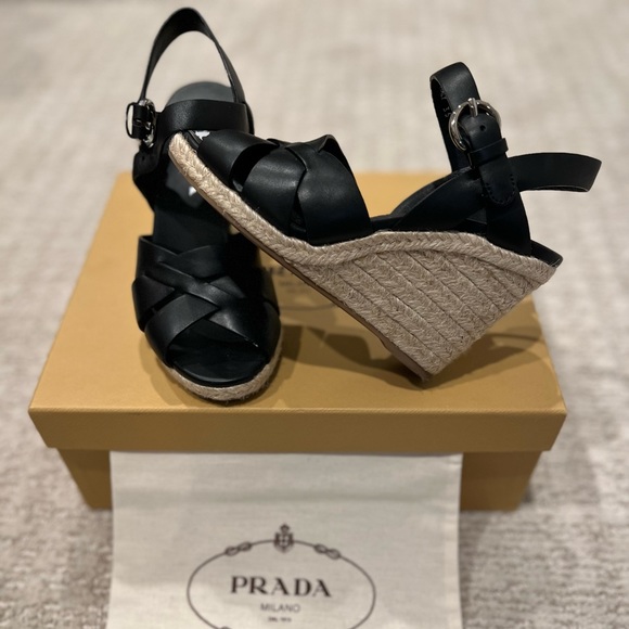 Prada | Shoes | Prada Black Leather Espadrille Wedge | Poshmark